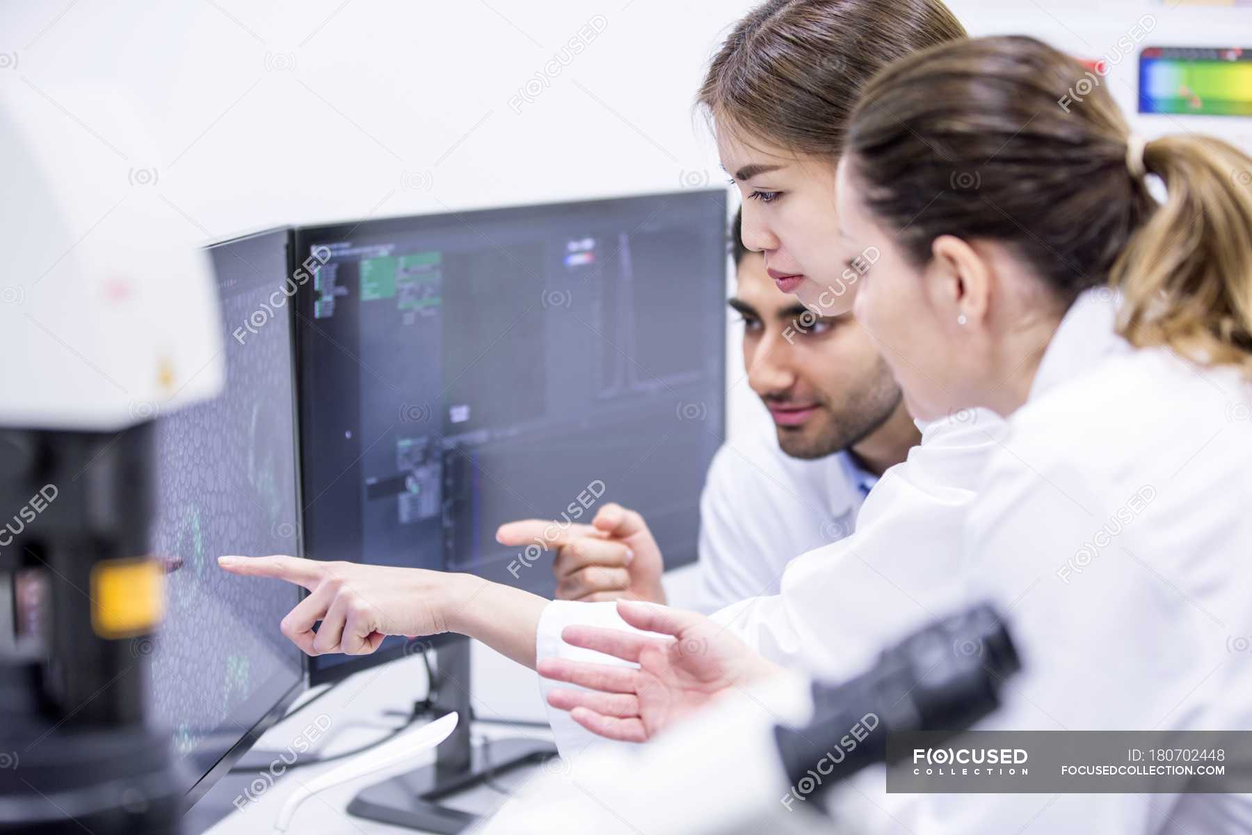 Scientists pointing at computer monitor in laboratory. — research ...