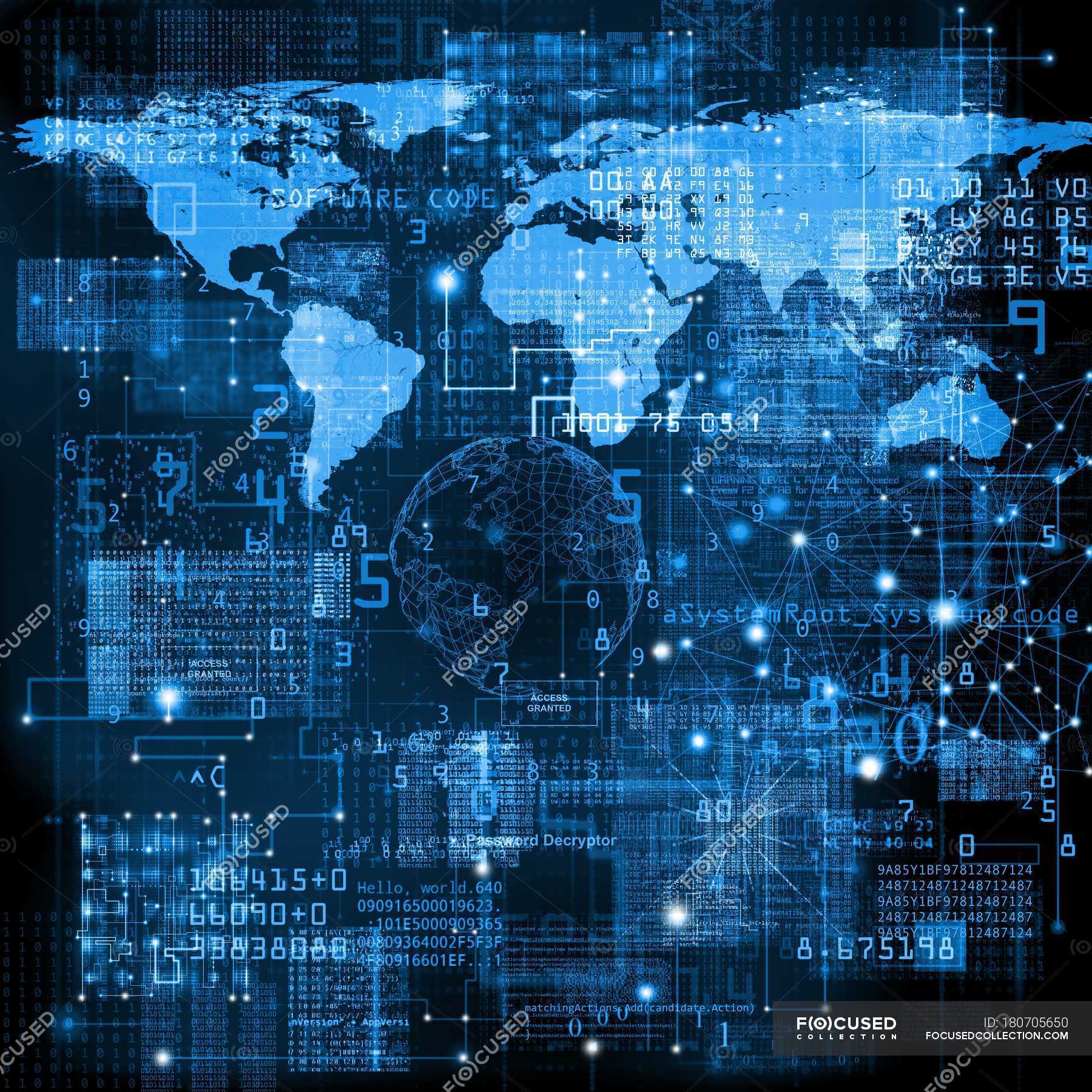 Abstract illustration of data network pattern with words and numbers ...