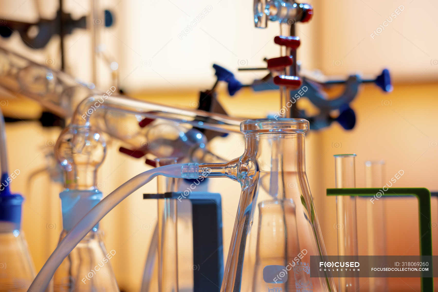 Close-up of chemistry apparatus glassware in laboratory. — education ...