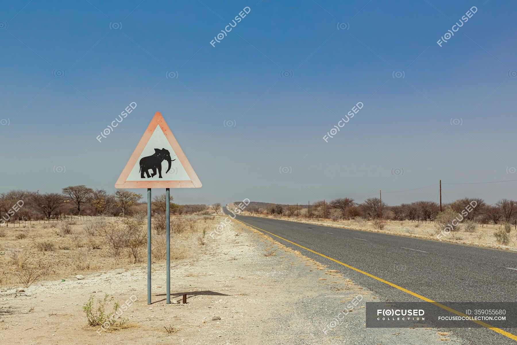 Elephant warning sign on a roadside; Namibia — Arid Climate, triangle ...