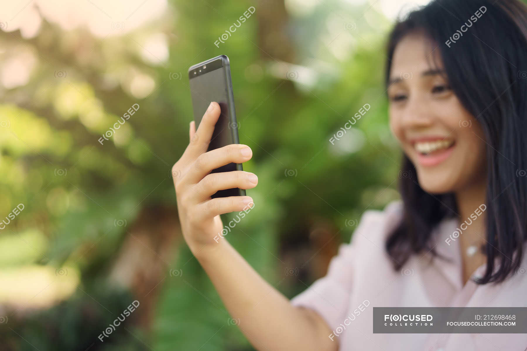 Happy Asian Woman Taking Selfie In Park — Young Adult Grass Stock