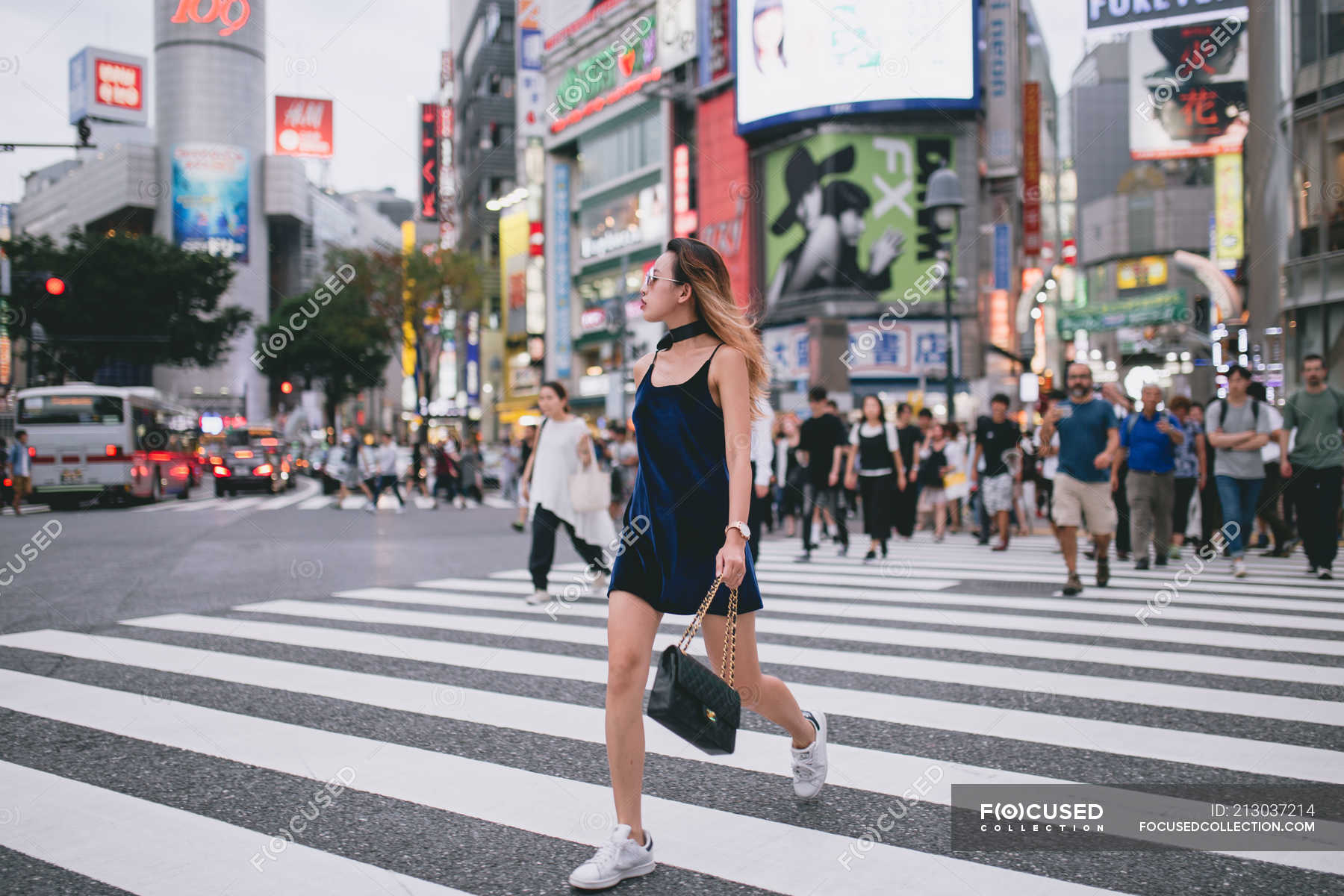 Young Lady Crossing The Streets In Tokyo Japan — Road Portrait