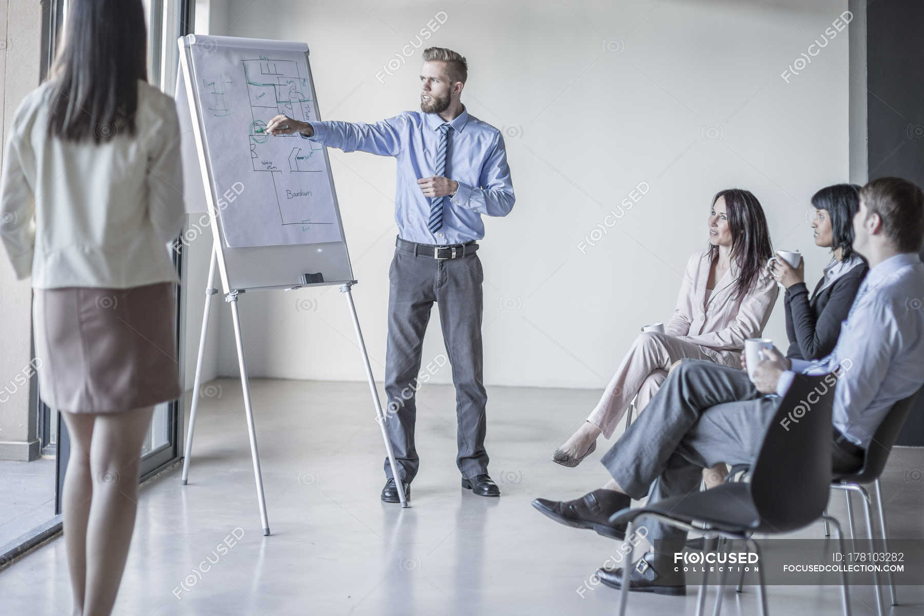 Businessman Leading A Presentation With Flip Chart Business Clothing 