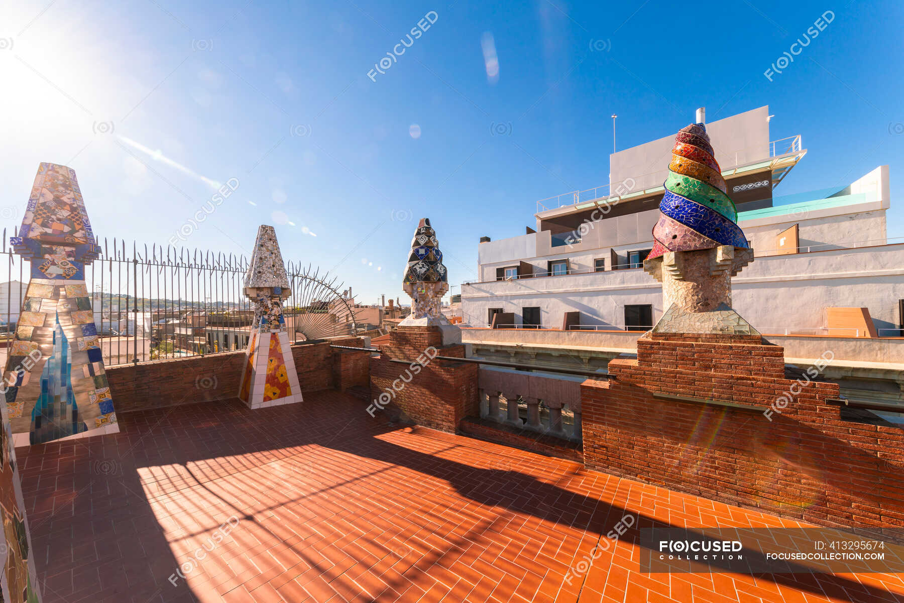 Palace guell roof antonio gaudy near Rambla with skyline — modernism ...