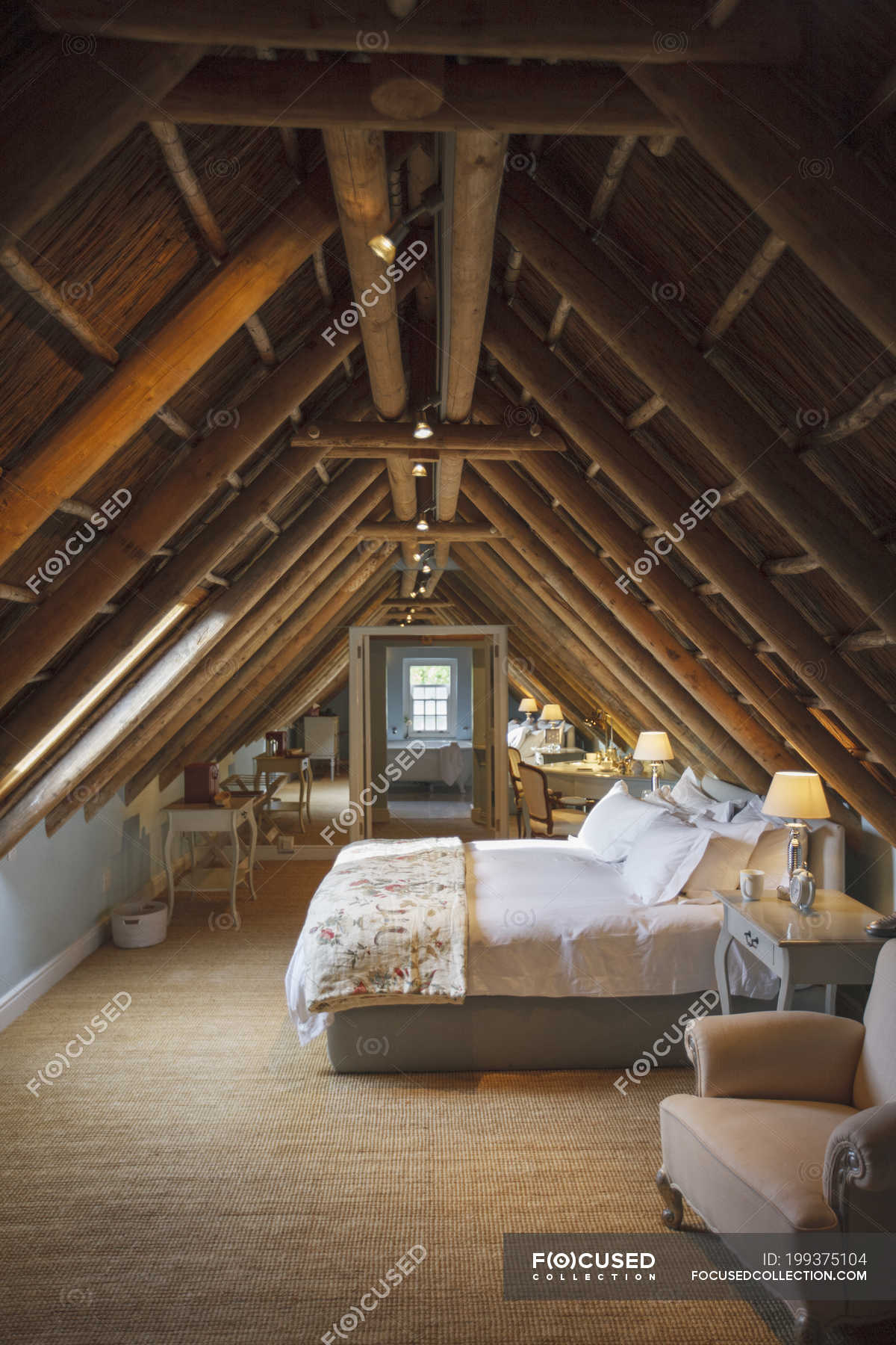 Luxury attic bedroom under wooden roof — calm, Home Showcase Interior ... Luxury attic bedroom under wooden roof — calm, Home Showcase Interior ...