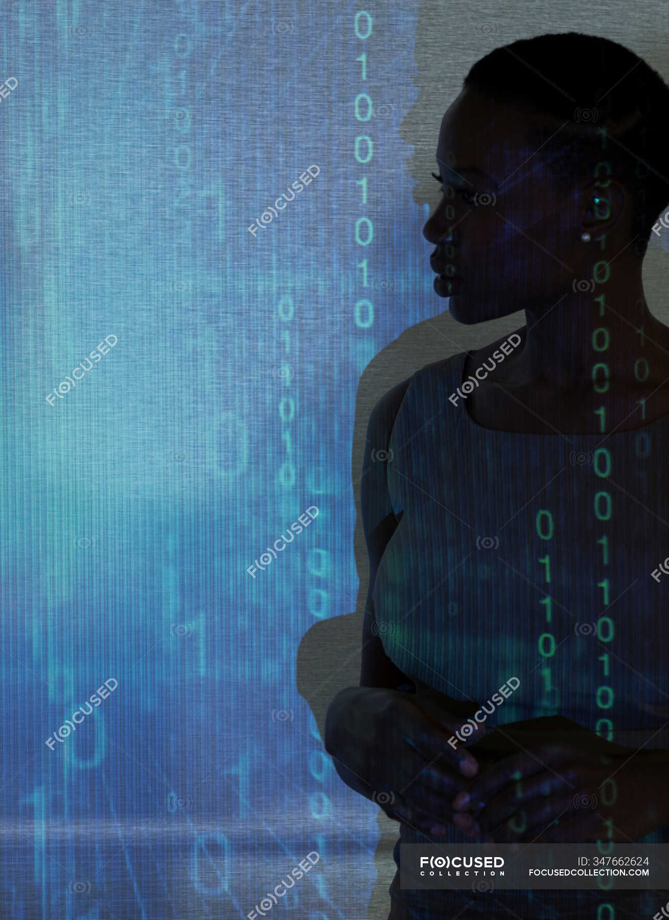 Silhouette Of Businesswoman Against Binary Code On Projection Screen — Part Of Mid Stock
