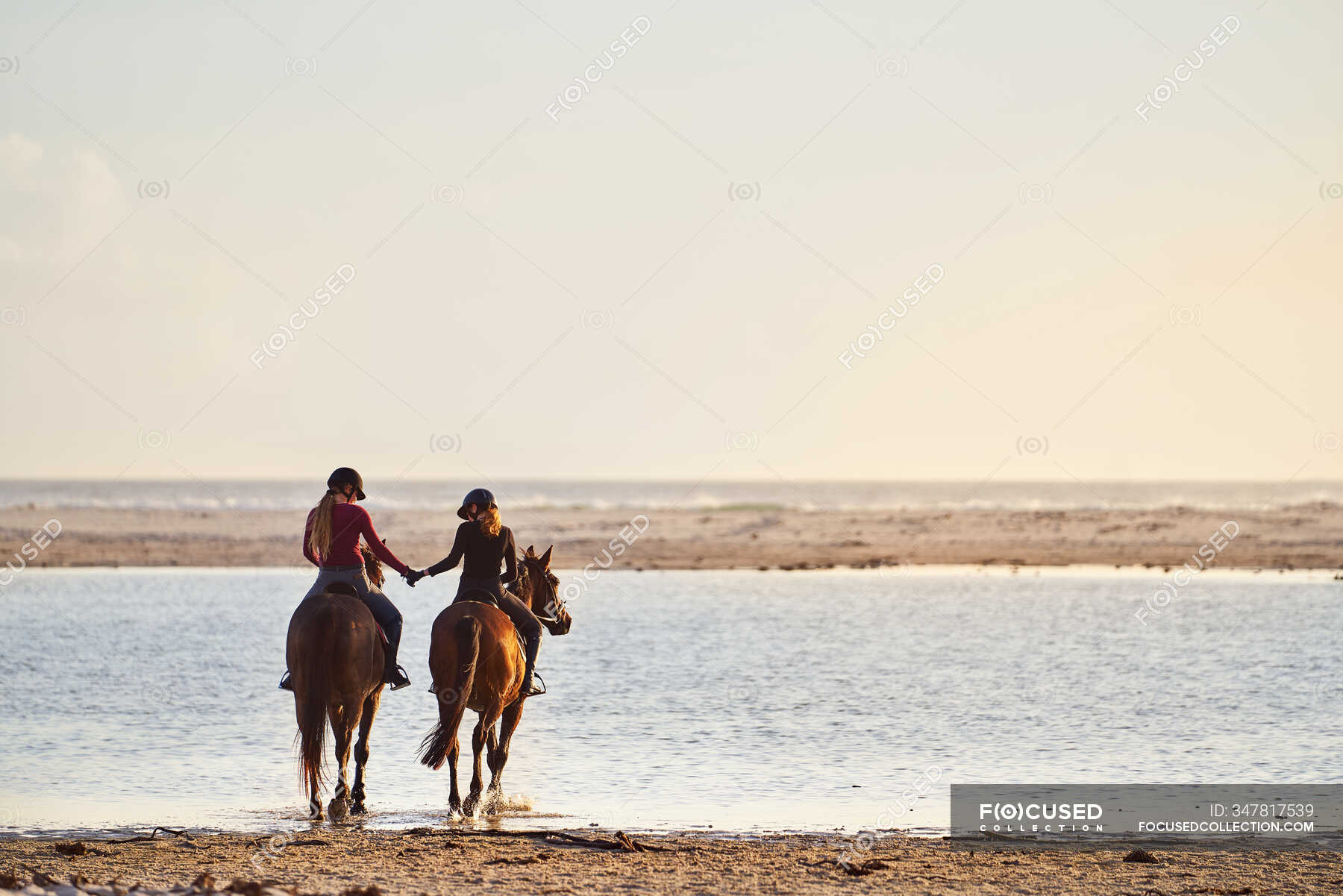 Young women horseback riding in ocean beach surf — two animals, Weekend ... Young women horseback riding in ocean beach surf — two animals, Weekend ...
