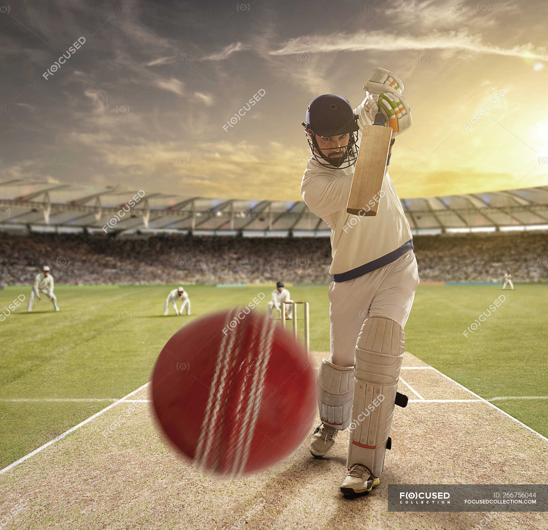 Young Sportsman Hitting Ball While Batting At Cricket Field Selective