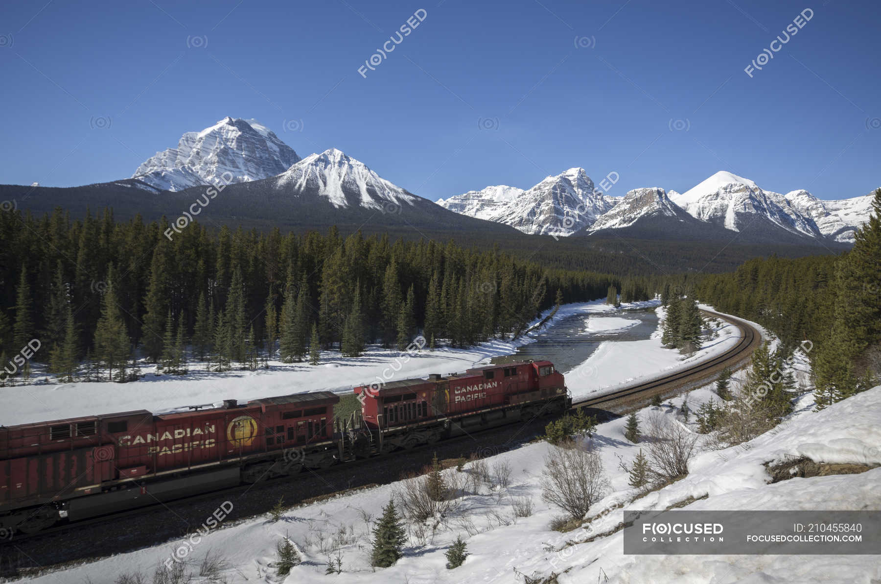 Canadian Pacific freight train in Canadian Rocky Mountains in Banff National Park, Alberta ...