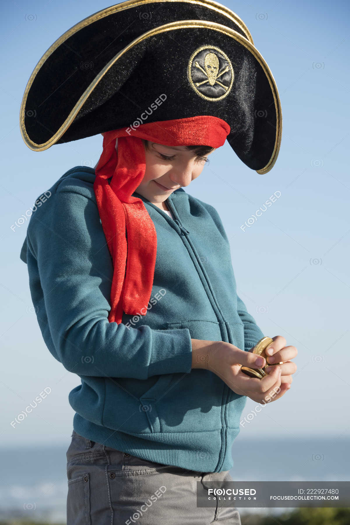 Pirate little boy holding coins outdoors — metal, cute - Stock Photo ...
