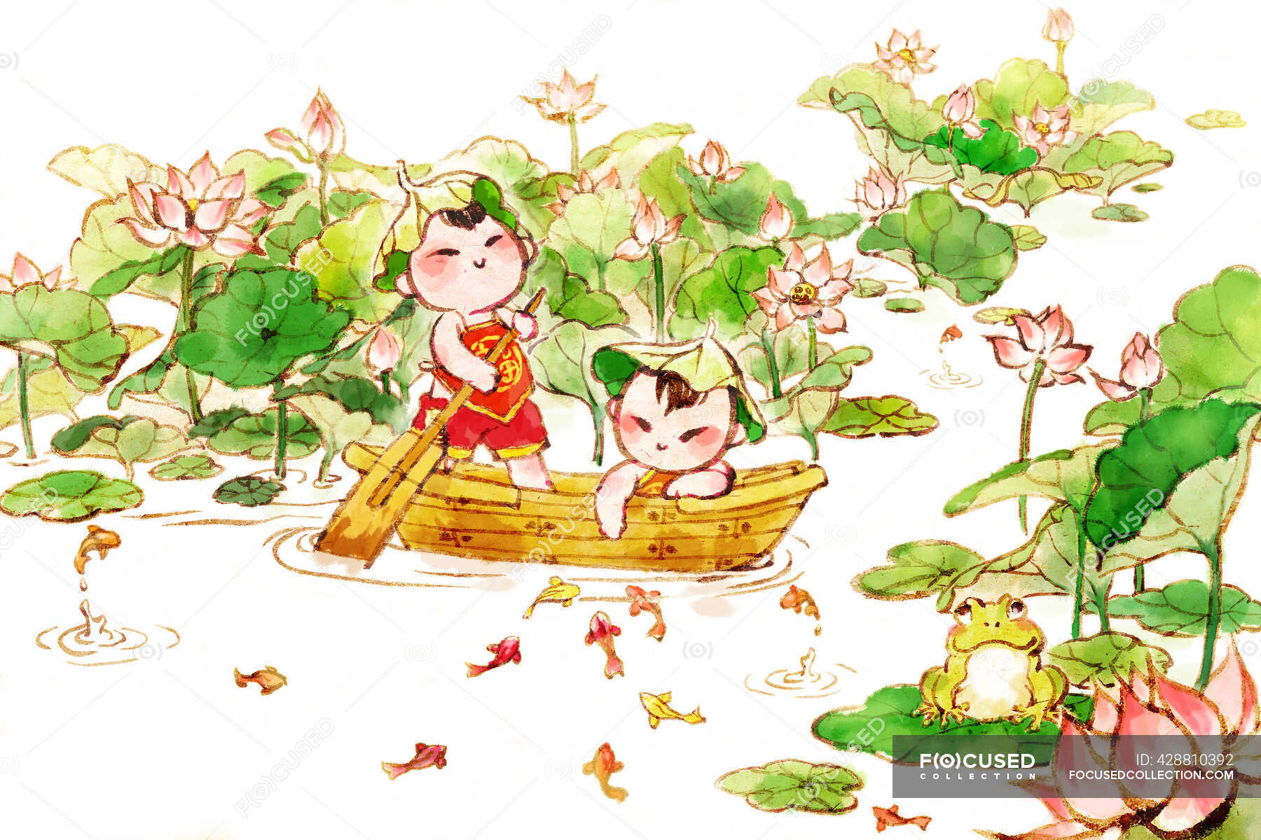 Cute Chinese children rowing boat in lotus pond — print, banner - Stock ...