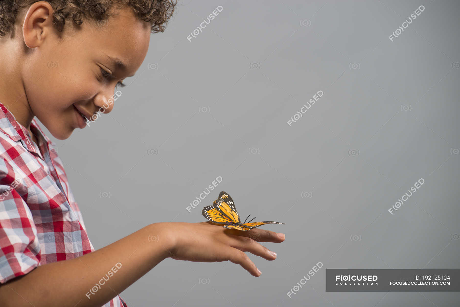 Side view of child with still butterfly on hand against grey background ...
