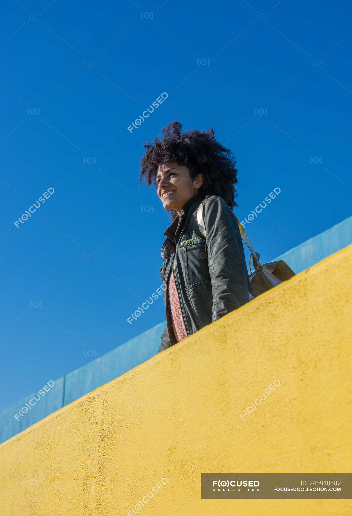 Black Woman With Afro Hair Leaning Against Brightly Colored Walls While