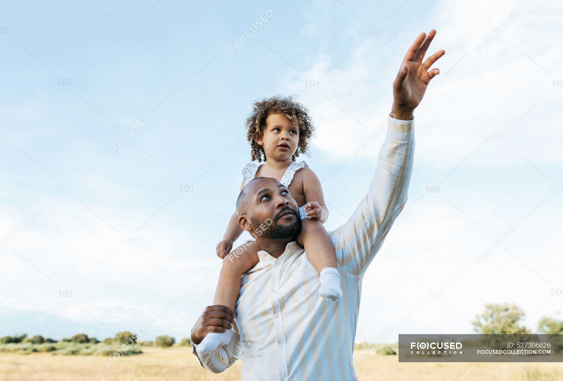 Cheerful African American father with cute little daughter on shoulders playing in field in ...